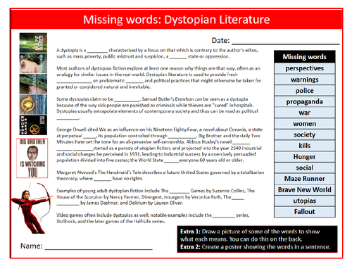 Dystopian Literature Missing Words Cloze Sheet Keywords KS4 Settler ...