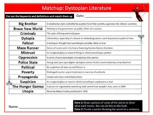 Dystopian Literature Definition Matchup Sheet Keywords KS4 Settler ...