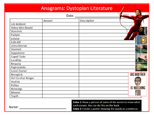Dystopian Literature Anagrams Puzzle Sheet Keywords KS4 Settler Starter ...