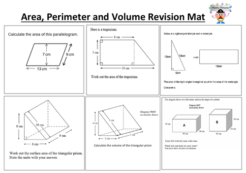 Area, Volume and surface area Foundation GCSE revision mat | Teaching ...