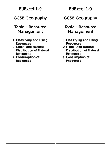 EdExcel A GCSE Geography 1-9 - Resource Management Revision Bookmarks ...
