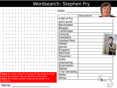 Stephen Fry Wordsearch Puzzle Sheet Keywords KS4 Settler Starter Cover ...