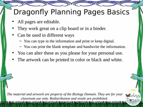 Dragonfly Themed Teacher Planning Pages Basics | Teaching Resources
