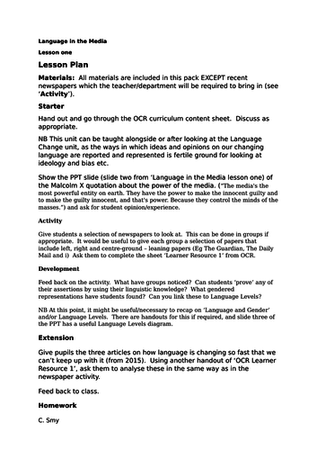 A-level English. Language in the Media. Lesson one. | Teaching Resources