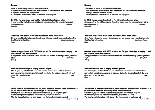 AQA Language Paper 2 - Q1 & Q2 - Homelessness | Teaching Resources
