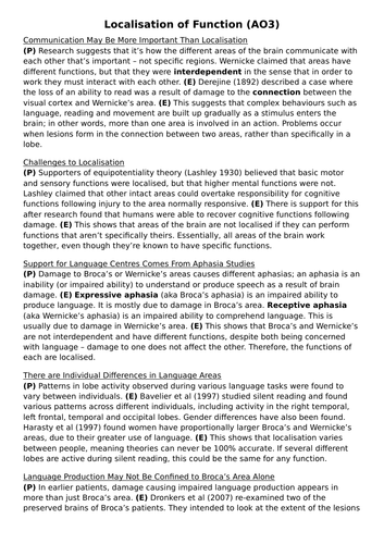 Localisation of Function Revision (A2 Psychology) | Teaching Resources