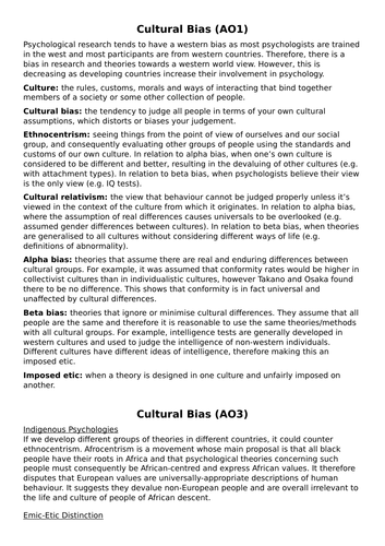 Cultural Bias Revision (A2 Psychology) | Teaching Resources