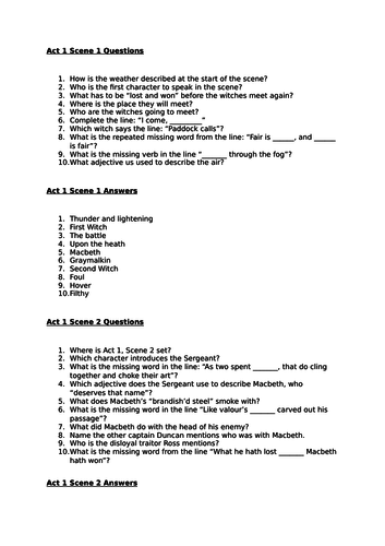 Macbeth Comprehension Questions for Every Scene | Teaching Resources