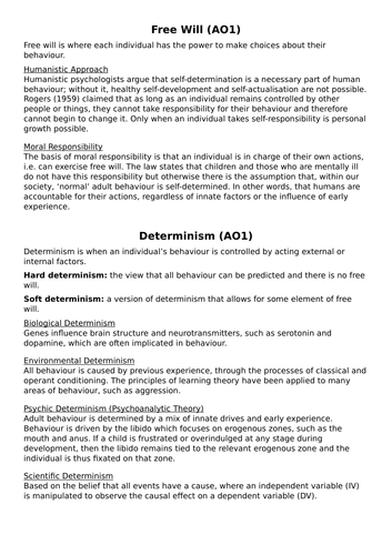 Free Will and Determinism Revision (A2 Psychology) | Teaching Resources