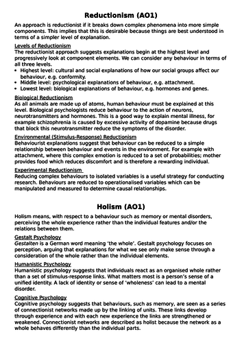 Holism and Reductionism Revision (A2 Psychology) | Teaching Resources
