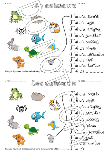 Les Animaux Match Up Worksheet | Teaching Resources