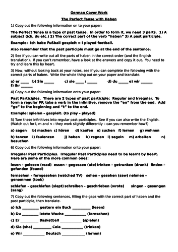 German Cover Work The Perfect Tense | Teaching Resources