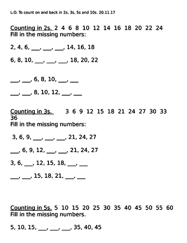 Year 2 early bird work, counting in 2s, 3s, 5s and 10s worksheets ...