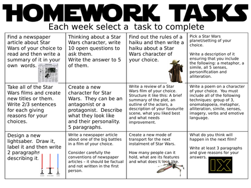 Star Wars English writing Homework task grid Force Awakens Last Jedi ...