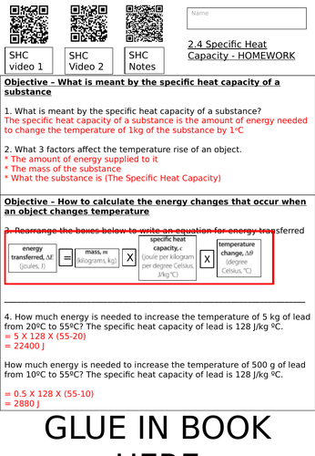 Specific Heat Capacity Homework | Teaching Resources