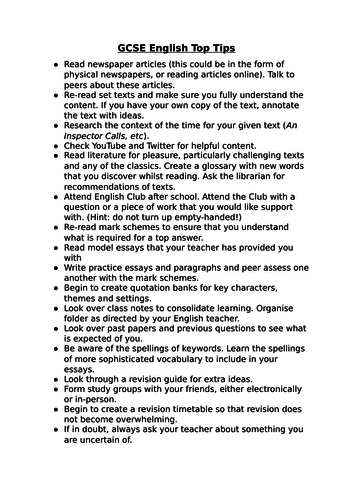 GCSE English Top Tips sheet | Teaching Resources