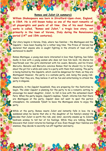 Romeo and Juliet Summary Comprehension Shakespeare Tudors | Teaching ...