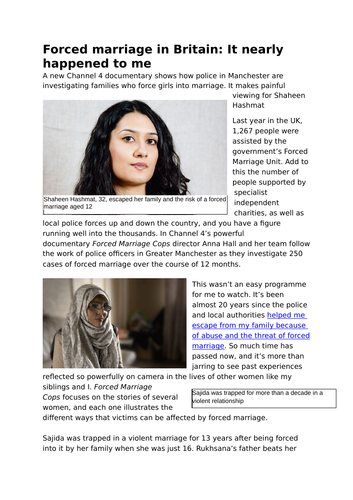 Forced Marriage GCSE Language Non Fiction Practice | Teaching Resources