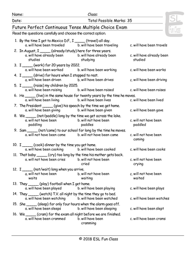 Future Perfect Continuous Tense Multiple Choice Exam | Teaching Resources