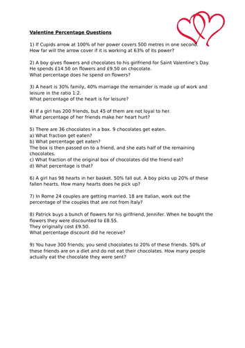 Valentine themed percentage questions | Teaching Resources
