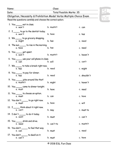 Modal Verbs-Obligation Necessity Prohibition Multiple Choice Exam ...