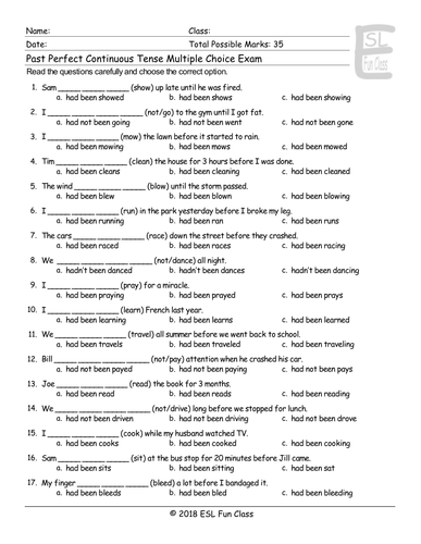 Past Perfect Continuous Tense Multiple Choice Exam | Teaching Resources Past Perfect Continuous Tense Multiple Choice Exam | Teaching Resources