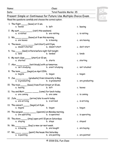 Present Simple or Continuous for Future Use Multiple Choice Exam ...