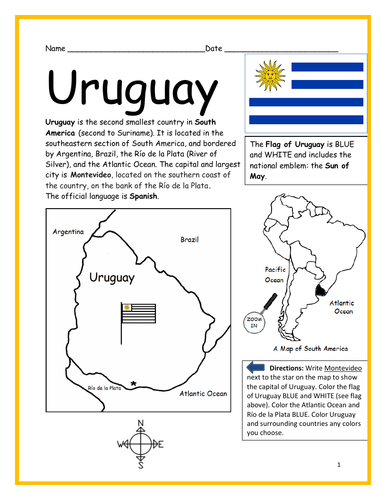 URUGUAY - printable handout with map and flag | Teaching Resources