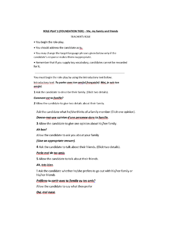 NEW STYLE GCSE FRENCH SPEAKING THEME 1 ROLE PLAYS Identity and Culture ...