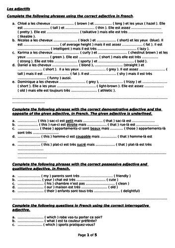 Les adjectifs- grammar revision worksheet | Teaching Resources