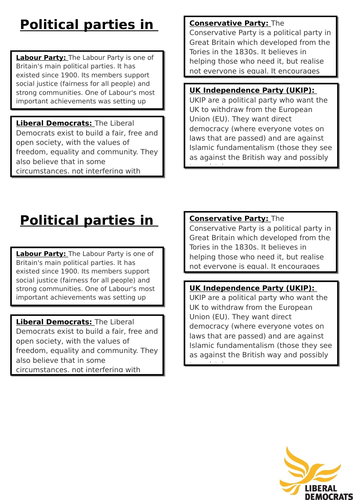 Political Parties in the UK- Citizenship and politics | Teaching Resources