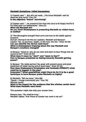 Questioning Macbeth Higher Level Extension Questions | Teaching Resources