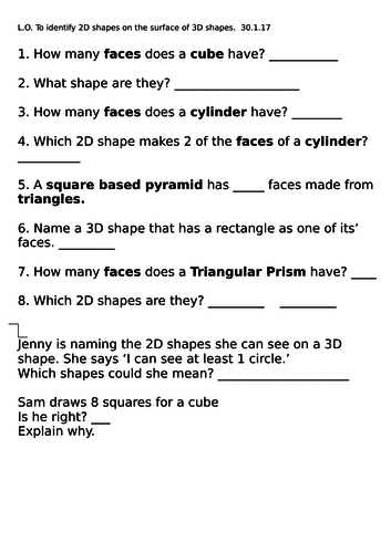 Year 2 worksheets, identify 2D shapes on 3D shapes | Teaching Resources