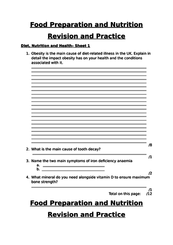 Food Nutrition and Health Revision Worksheets Bundle | Teaching Resources