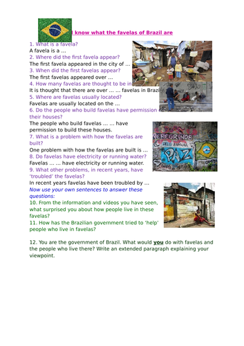 Favelas of Brazil information text comprehension activity Slum Towns ...