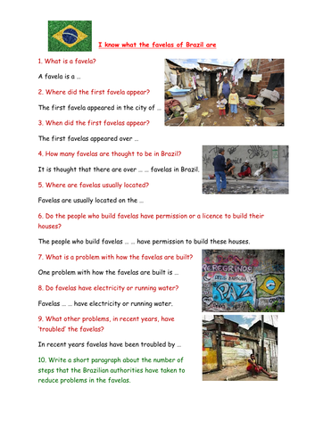 Favelas of Brazil information text comprehension activity Slum Towns ...