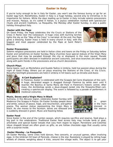Easter in Italy - Reading Comprehension Worksheet / Text | Teaching ...