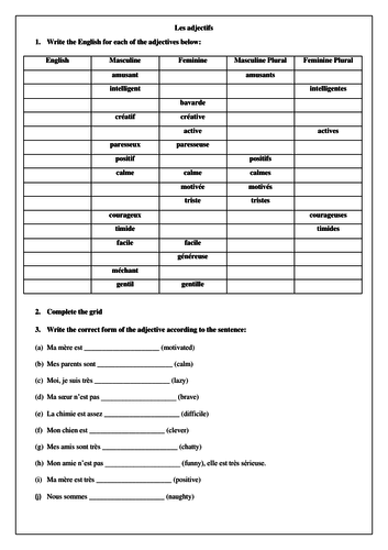 French KS3 adjective & agreement practice _ Allez 1 _ mon monde perso ...