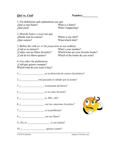 Qué vs. Cuál Spanish Worksheet | Teaching Resources