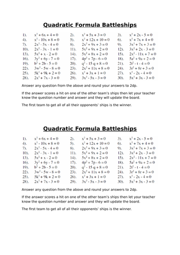 Quadractic Formula Battleships | Teaching Resources