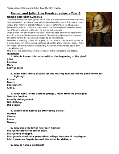 Romeo and Juliet question worksheet | Teaching Resources