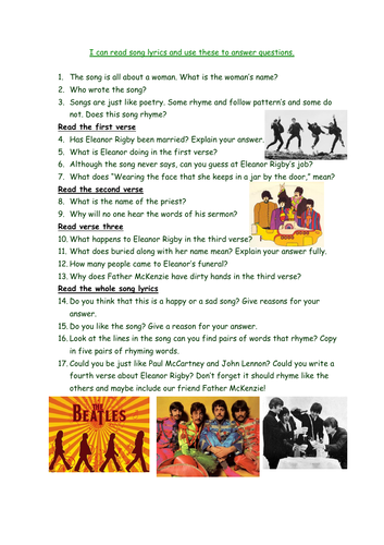 Eleanor Rigby (by The Beatles) Comprehension Activity. | Teaching Resources