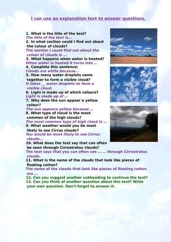 Explanation text about clouds comprehension activity. Weather ...