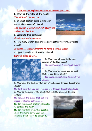 Explanation text about clouds comprehension activity. Weather ...