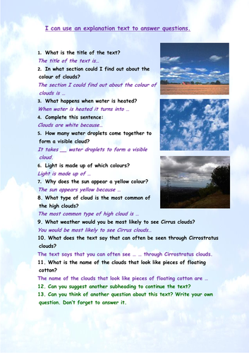 Explanation text about clouds comprehension activity. Weather ...