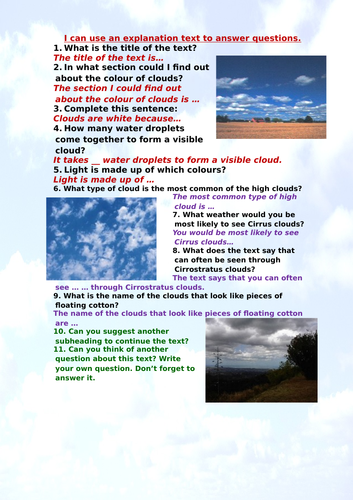 Explanation text about clouds comprehension activity. Weather ...