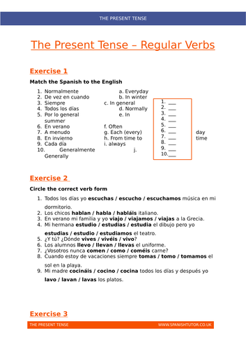 Spanish Present Tense - A series of worksheet covering regular ...