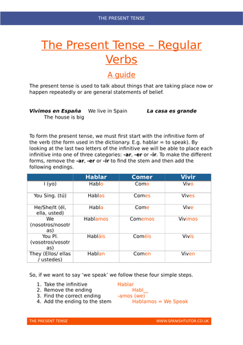 Spanish Present Tense - A series of worksheet covering regular ...