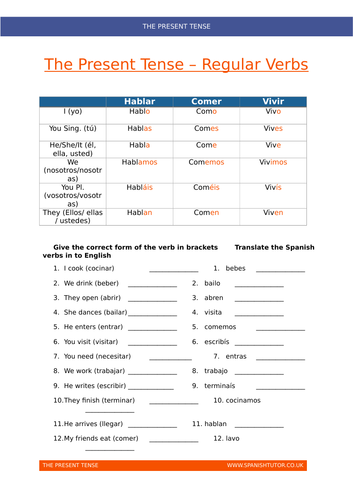Spanish Present Tense - A series of worksheet covering regular ...
