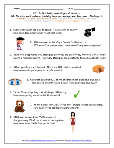 Percentages KS2 Y6 Percentages of Amounts inc. Word Problems, Missing ...